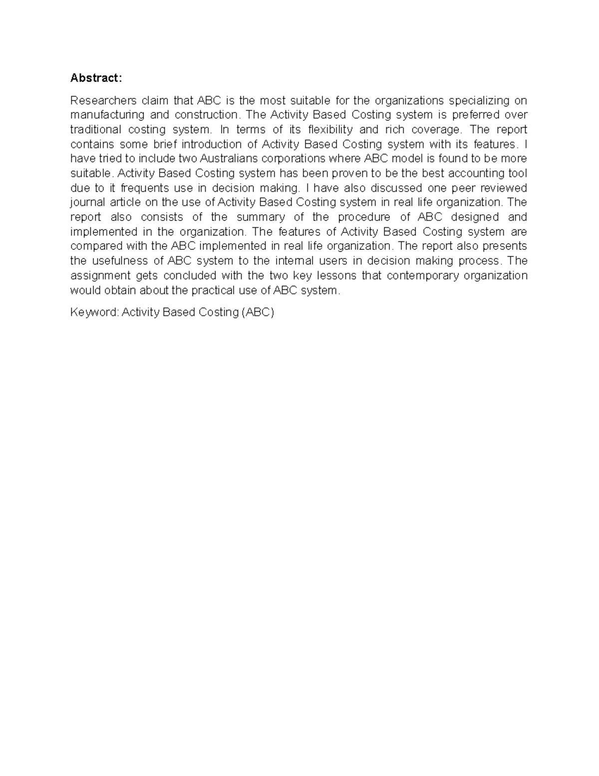 Individual assignment - Abstract: Researchers claim that ABC is the ...