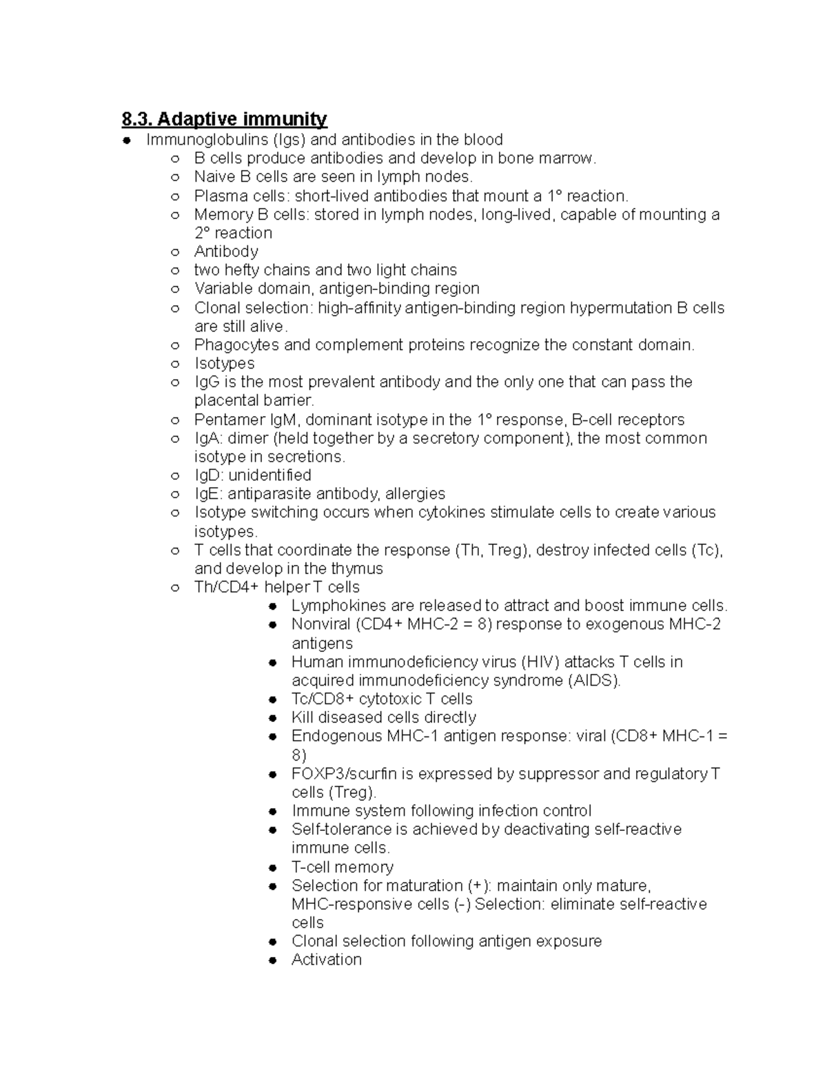 Adaptive immunity - notes - 8. Adaptive immunity Immunoglobulins (Igs ...