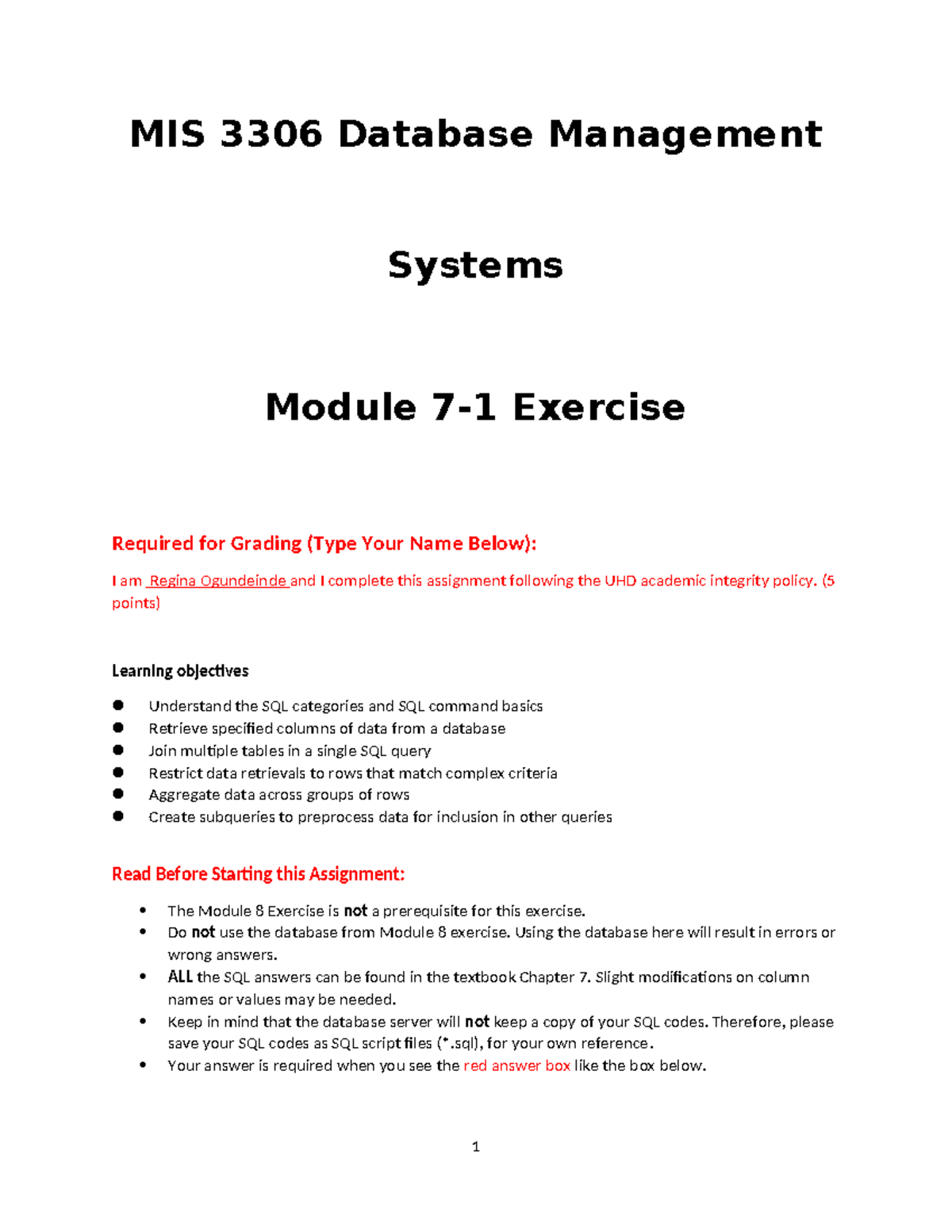 Module 7-1 exercise - Answers - MIS 3306 Database Management Systems Module 7-1 Exercise ...