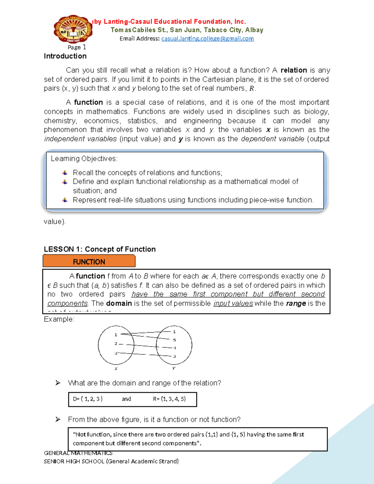 Module 1 - math grade 11 gen math - Page 1 TomasCabiles St., San Juan ...