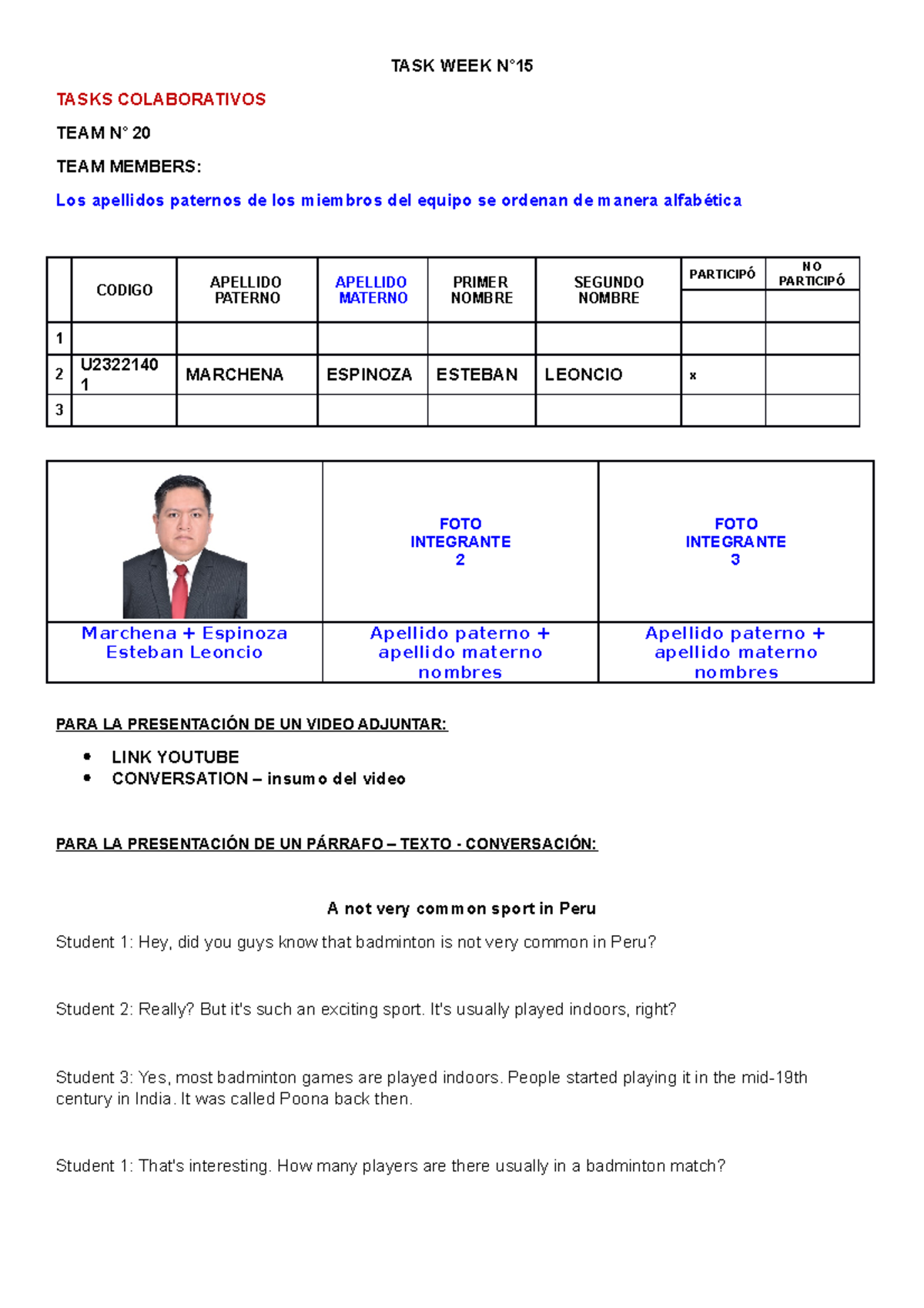 Week 15 - Task Assignment - A not very common sport in Peru - TASK WEEK N° TASKS COLABORATIVOS ...