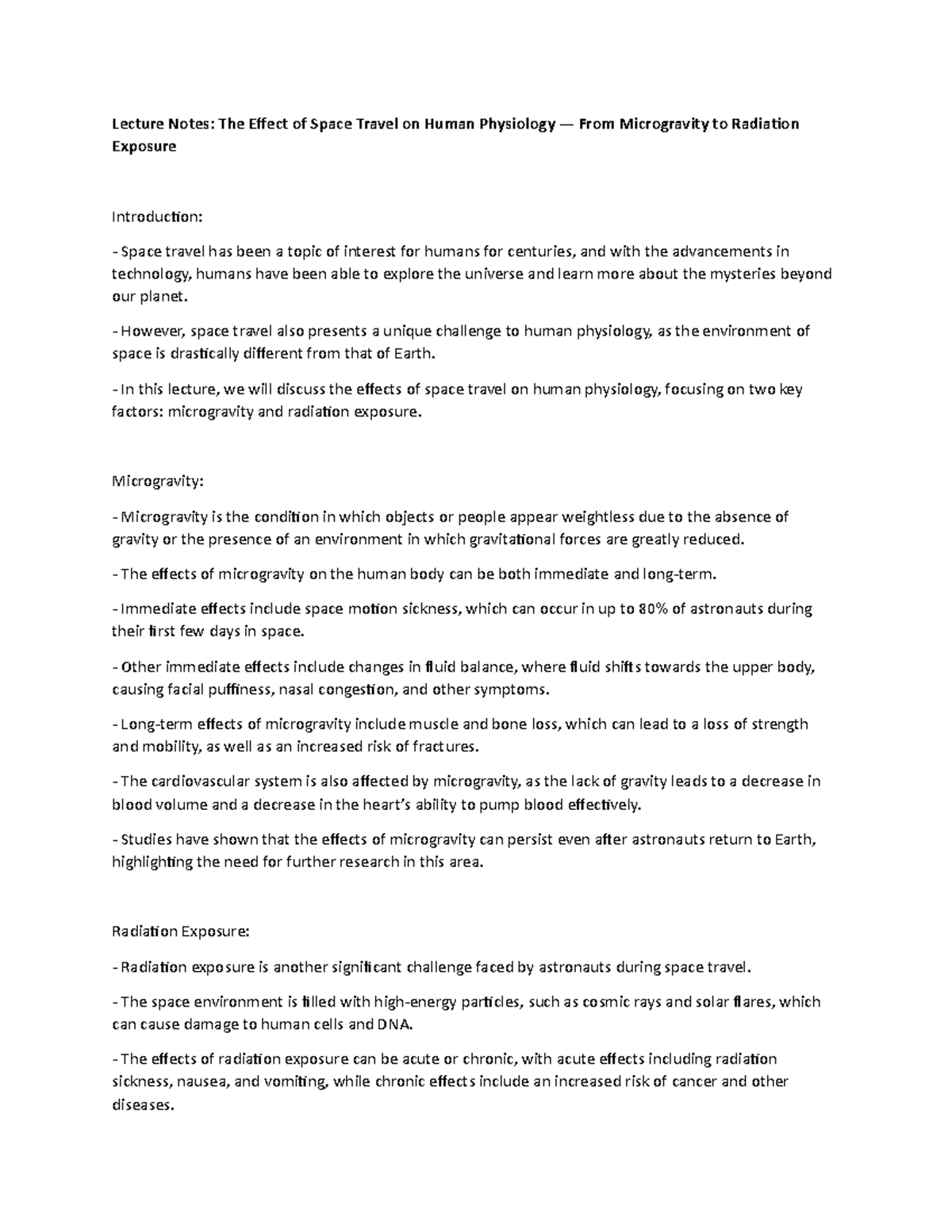 Lecture Notes: The Effect of Space Travel on Human Physiology — From ...