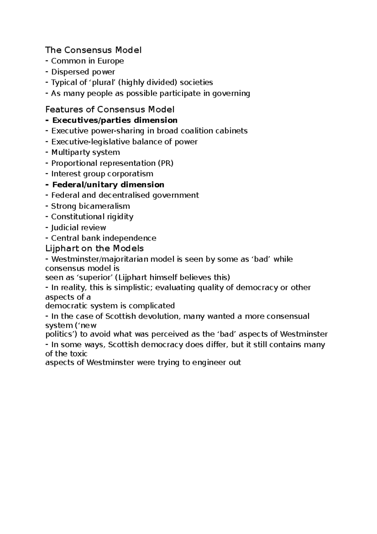 The Consensus Model - Lecture notes Notes on political sciences - The ...