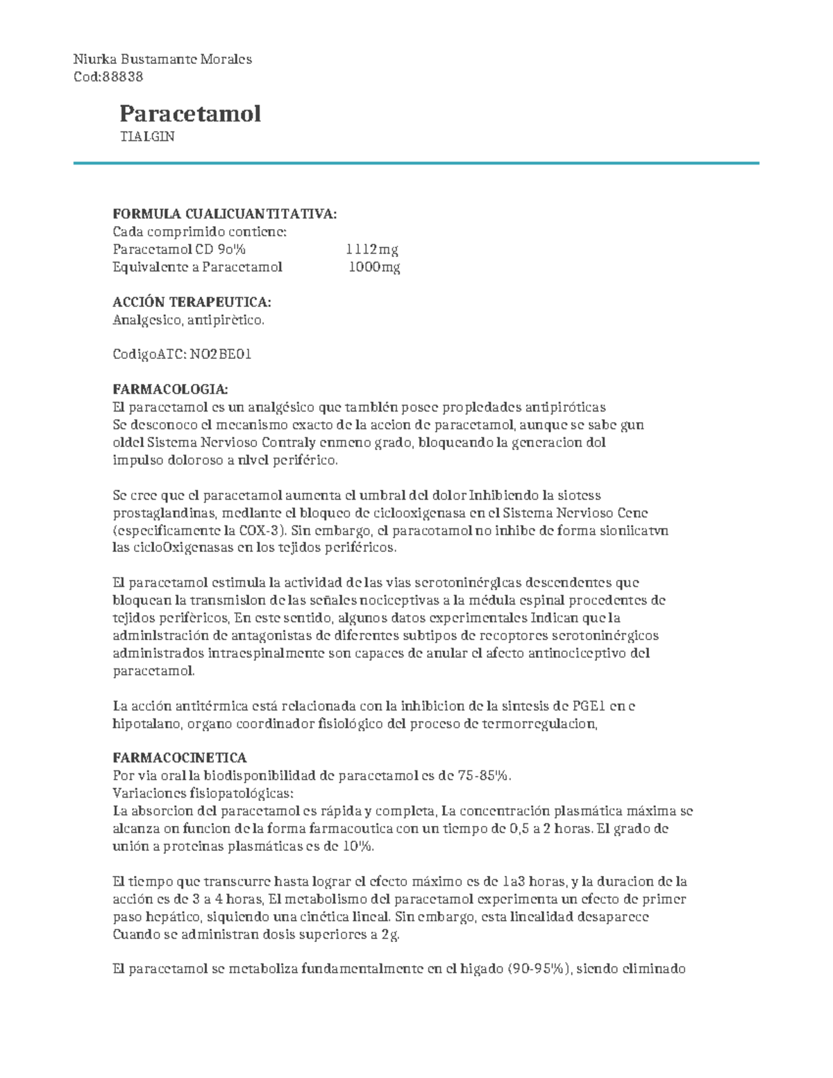 Documento de fármaco - Niurka Bustamante Morales Cod: Paracetamol ...