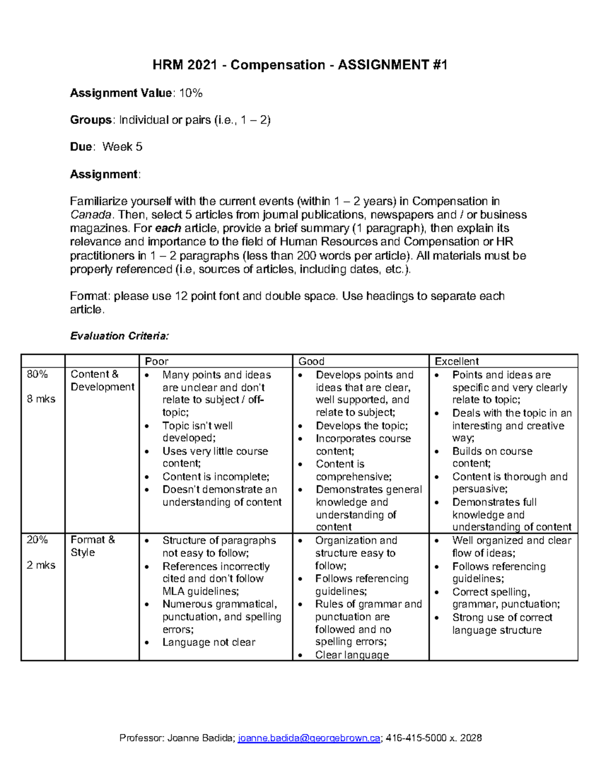 HRM 2021 Assignment #1 - Professor: Joanne Badida; joanne@georgebrown ...
