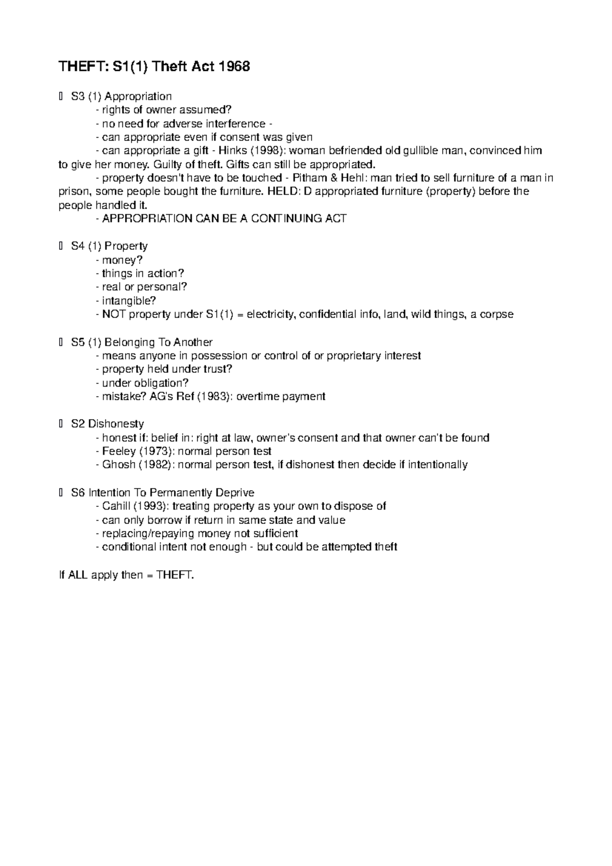 Theft Formula - THEFT: S1(1) Theft Act 1968 S3 (1) Appropriation ...