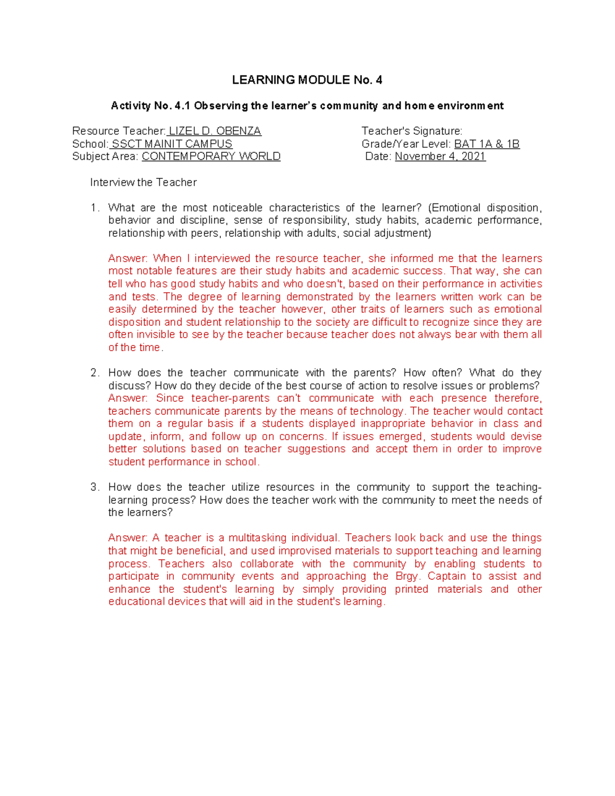 Scribd - none - LEARNING MODULE No. 4 Activity No. 4 Observing the ...