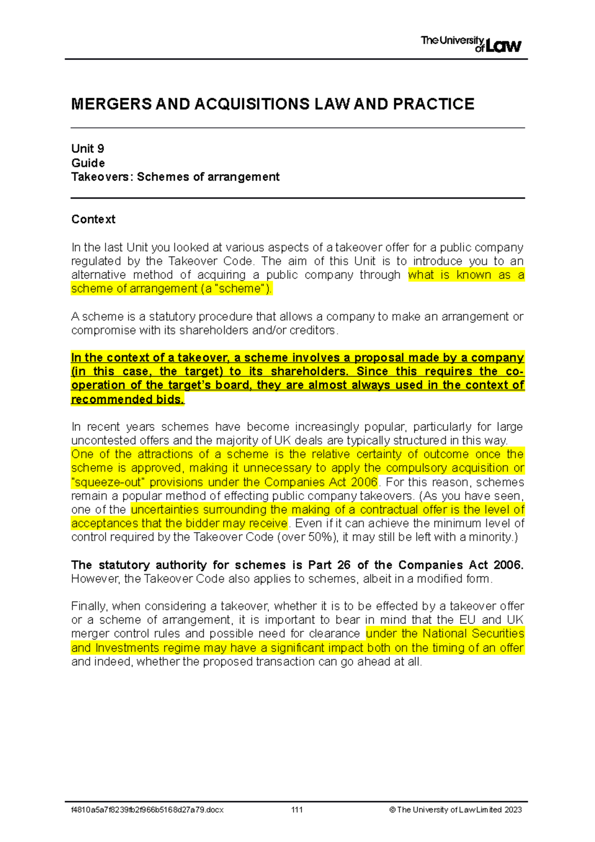 Mergers 9 - takeovers schemes of arrangement - MERGERS AND ACQUISITIONS ...