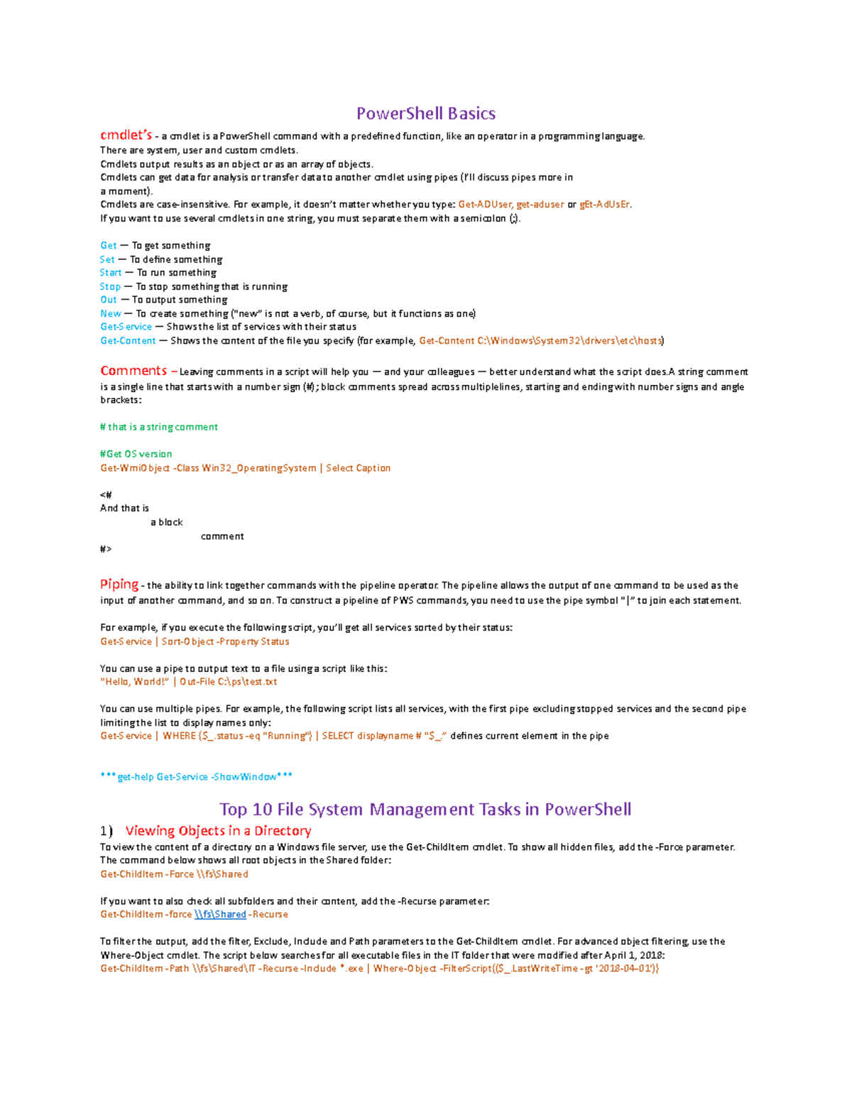 Power Shell Notes Powershell Basics Cmdlets A Cmdlet Is A