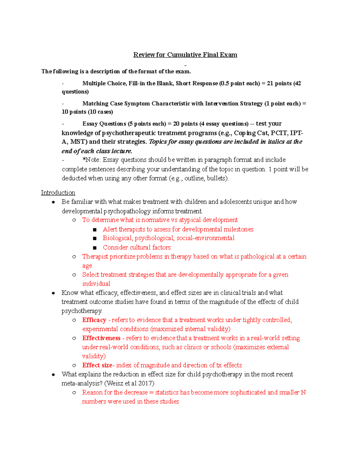 Child intervention study guide - Review for Cumulative Final Exam The ...