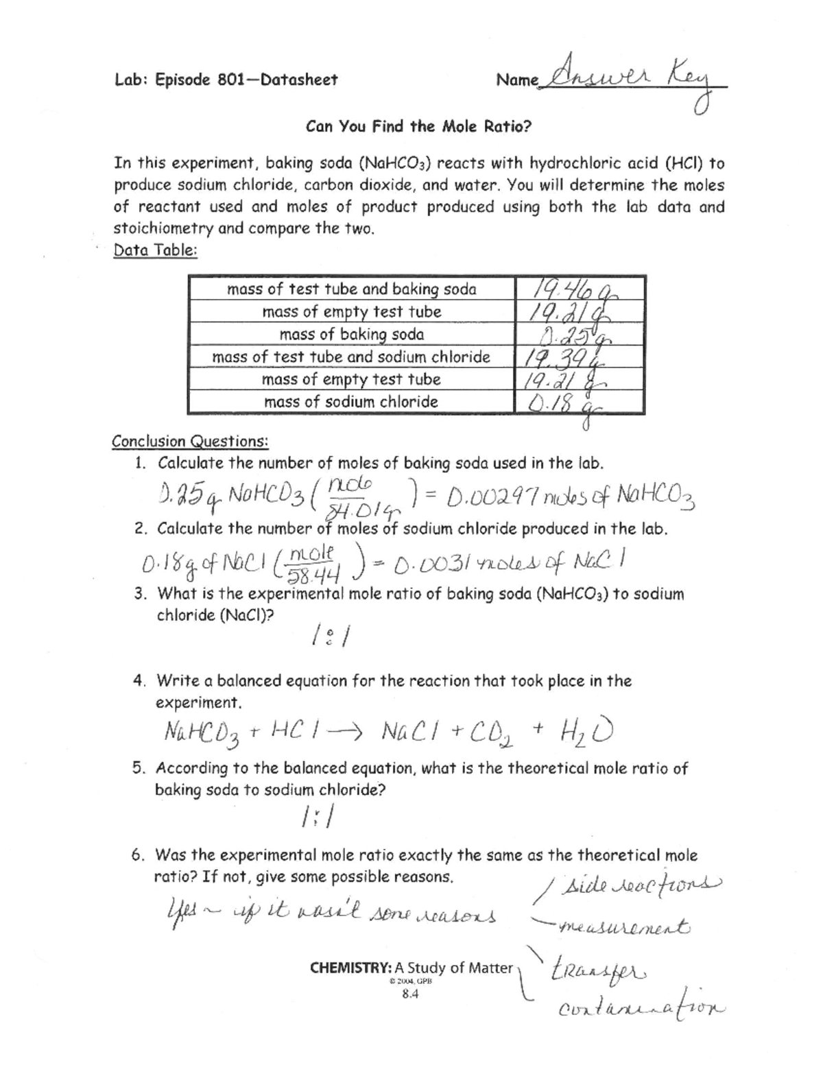 Stoichiometry video lab datasheet - key - MUSC 204 - Studocu