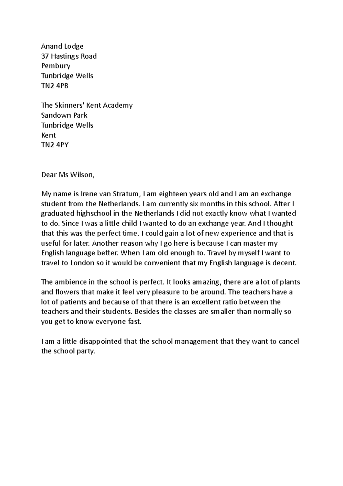 Engels brief 4 havo 5 - Anand Lodge 37 Hastings Road Pembury Tunbridge ...