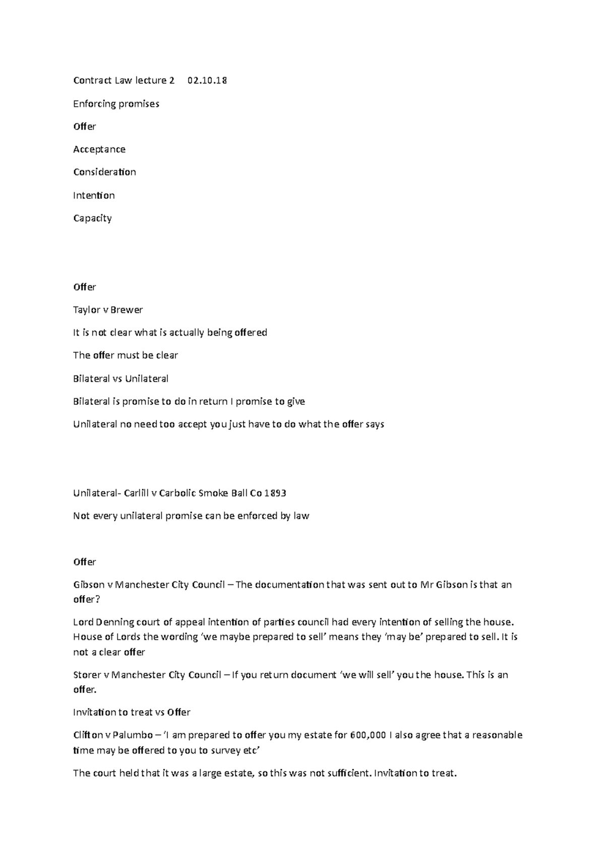 Contract Law lecture 2 - 10 Enforcing promises Offer Acceptance Consideration Intention Capacity ...