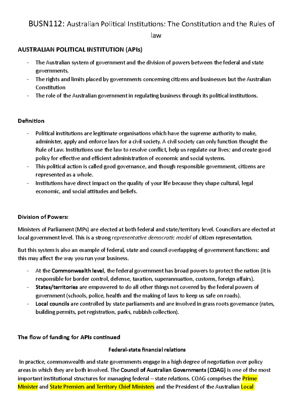 1. The Constitution and the Rules of law - BUSN112: Australian ...