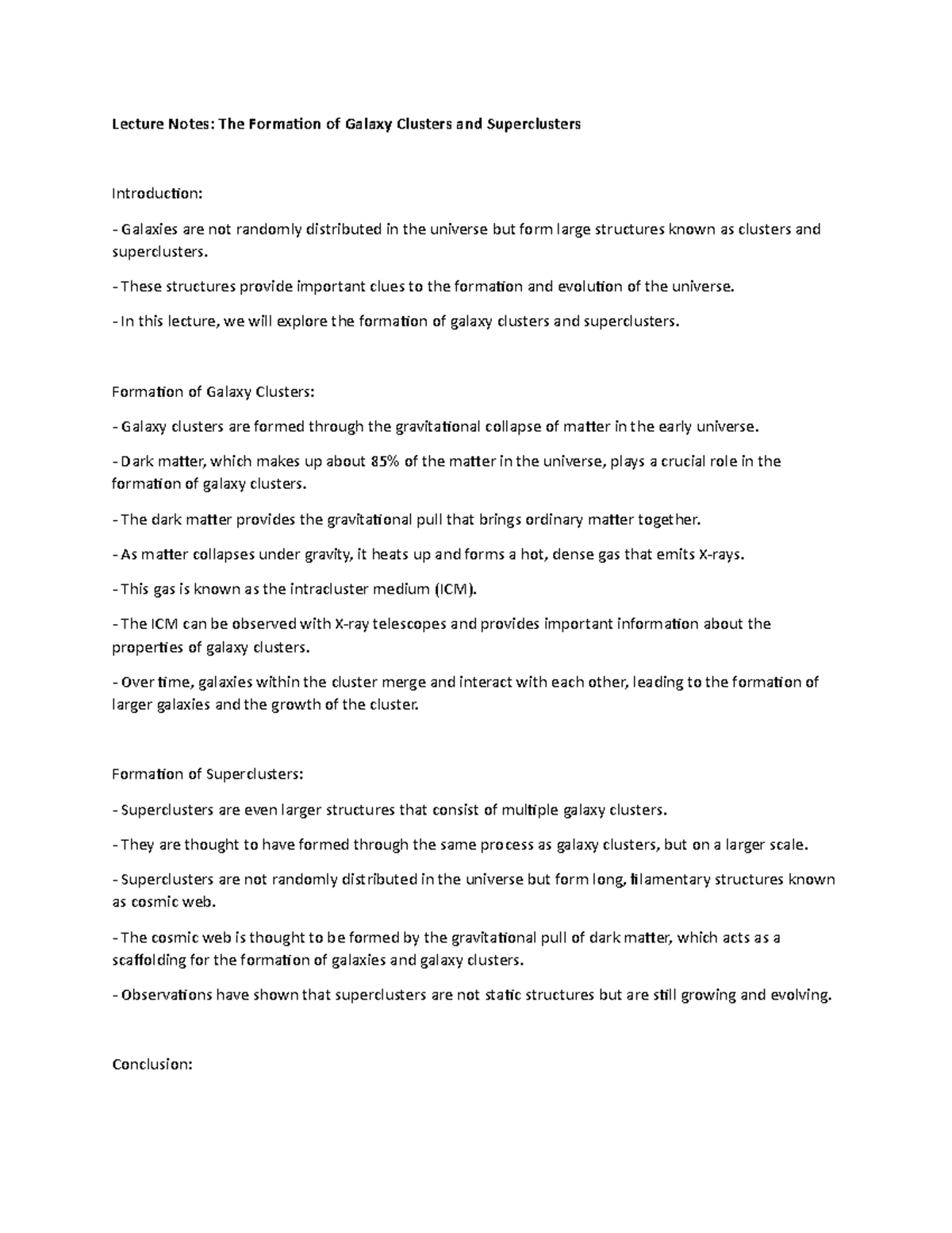 Lecture Notes: The Formation of Galaxy Clusters and Superclusters ...