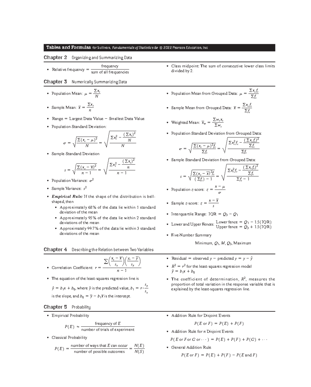 MATH200 Tables and Formulas - Chapter 2 Organizing and Summarizing Data ...