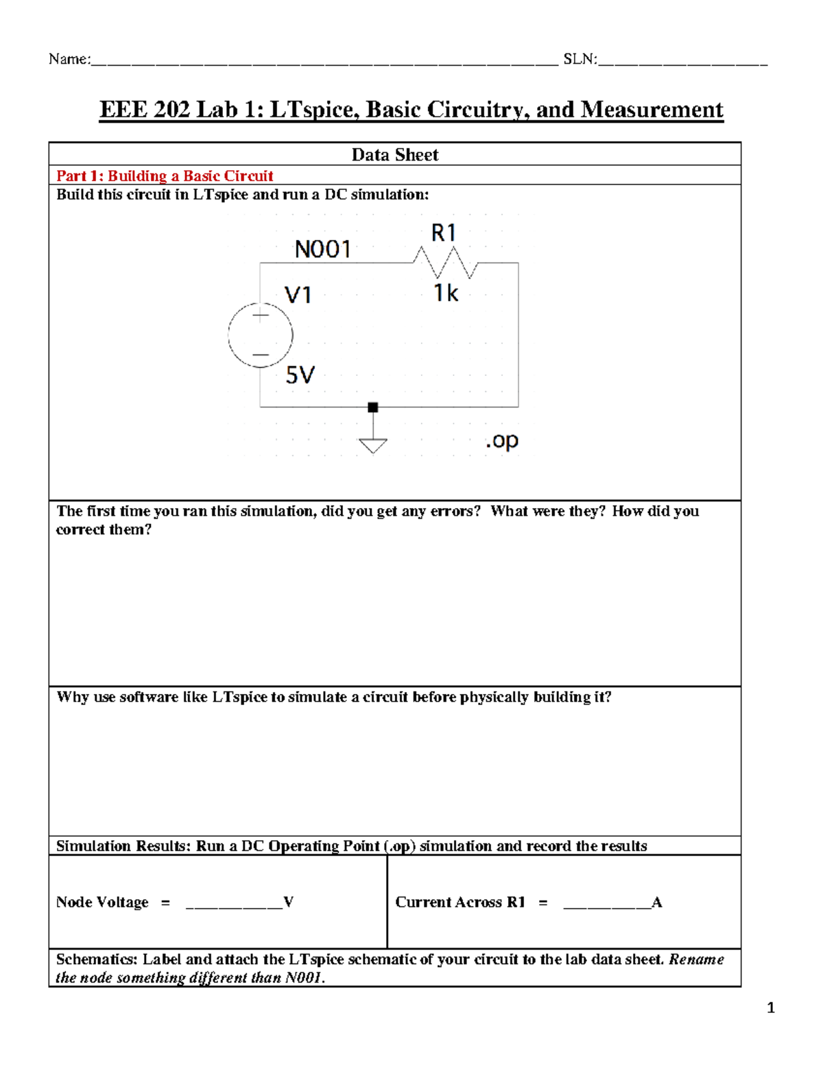 EEE 202 Lab 1 Ltspice Basic Circuitry and Measurement DATA Sheet - - Studocu