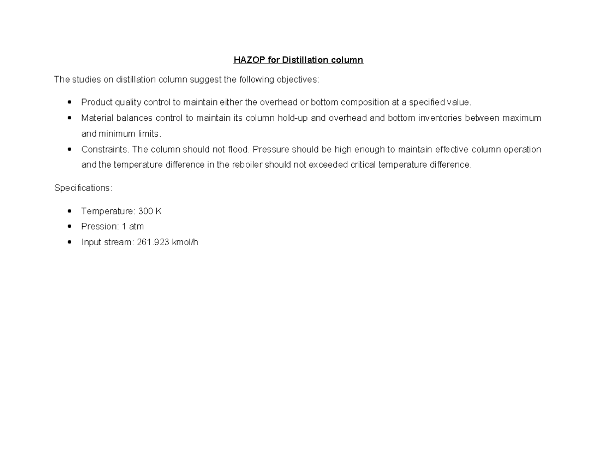 Hazop Distillation Column - HAZOP for Distillation column The studies ...