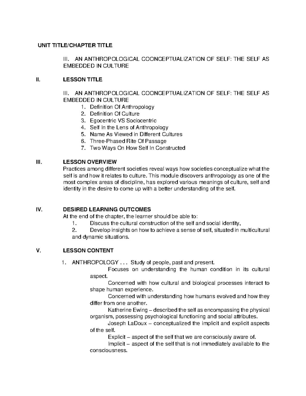 Understanding THE SELF Lesson 3 - UNIT TITLE/CHAPTER TITLE III. AN ...