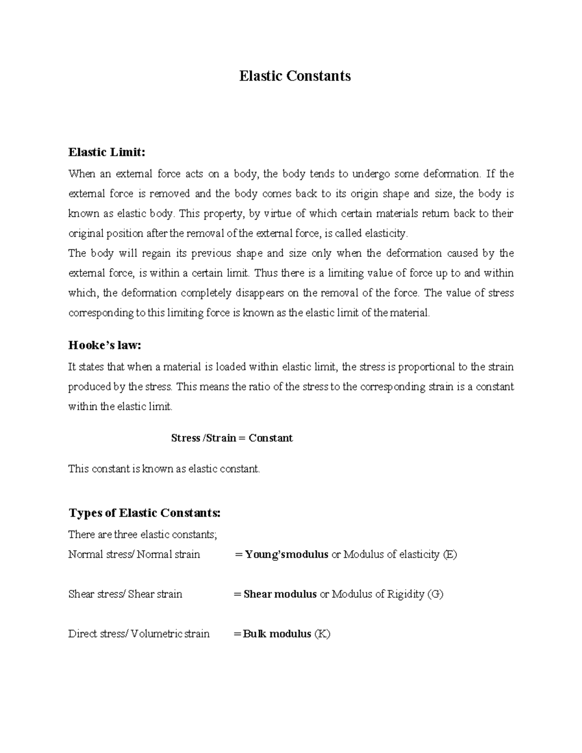 Relation between Elastic constants - Elastic Constants Elastic Limit ...