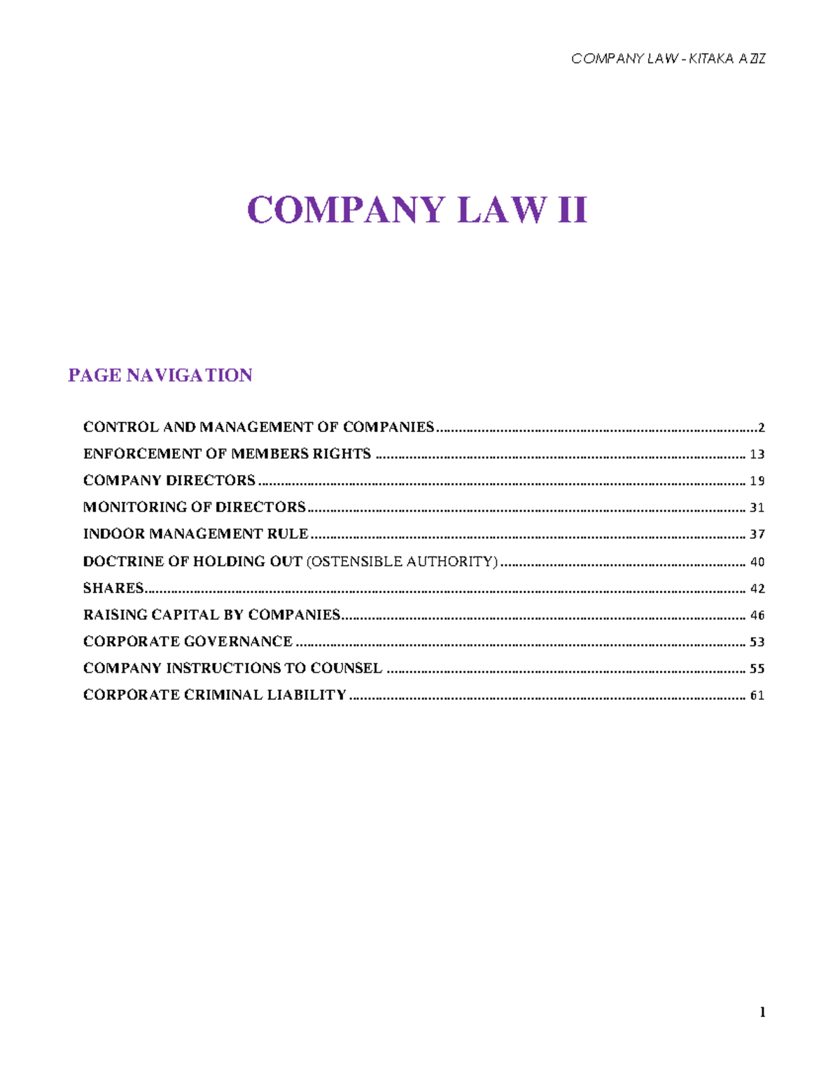 Company Law 2- Aziz - COMPANY LAW II CONTROL AND MANAGEMENT OF ...