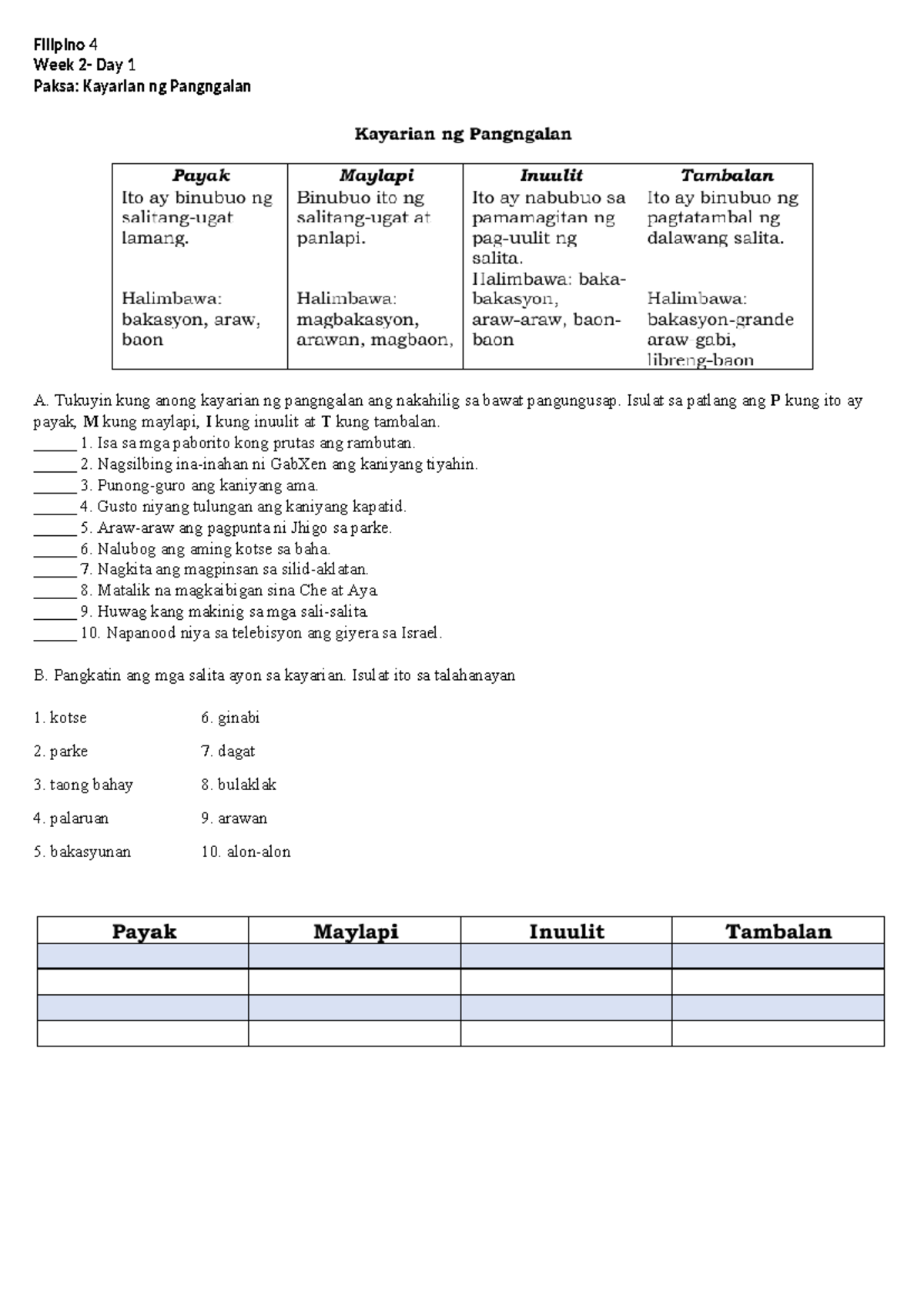 Q2 - FIL 4- WK 2 - Worksheet - Week 2- Day 1 Paksa: Kayarian ng Pangngalan A. Tukuyin kung anong ...