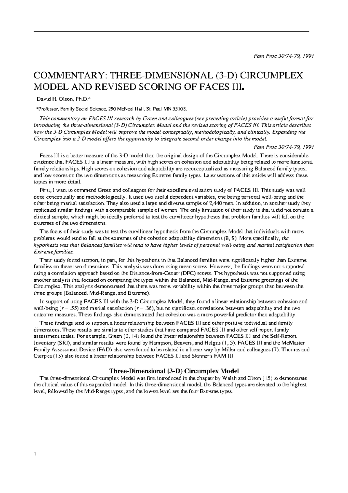 Olson 1991 commentary 3D circumplex model - Fam Proc 30:74-79, 1991 ...