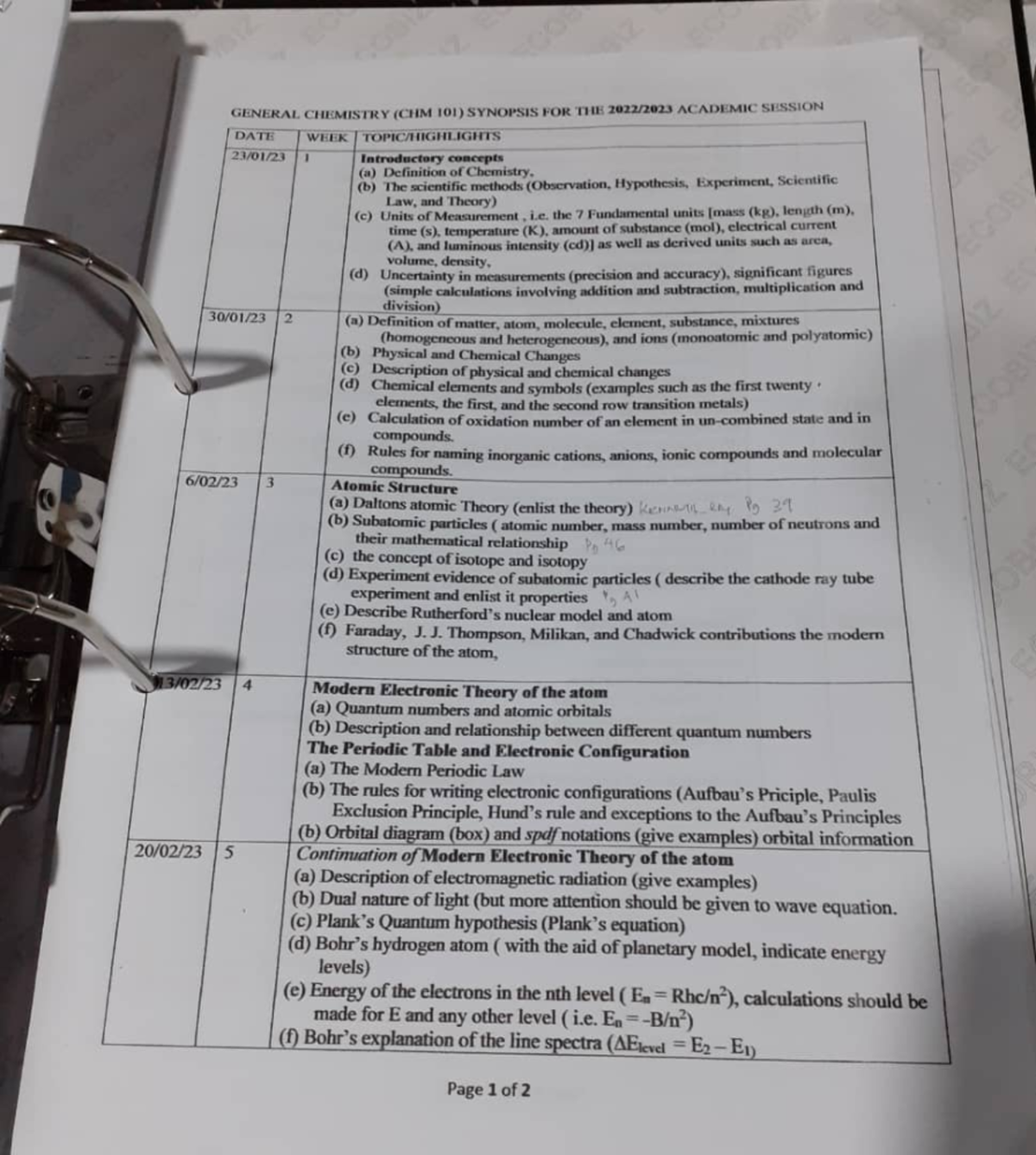 CHM 101 Course outline (1st se - Computer Programming - Studocu