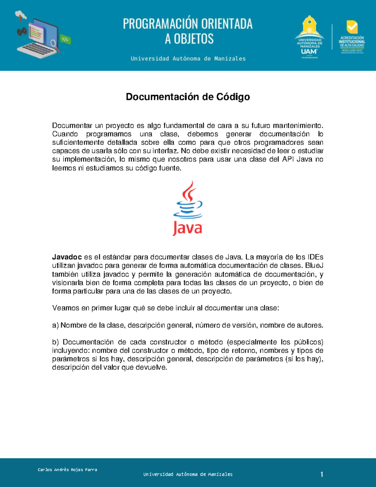 03POO-Documentación de Código - 1 Carlos Andrés Rojas Parra Universidad ...
