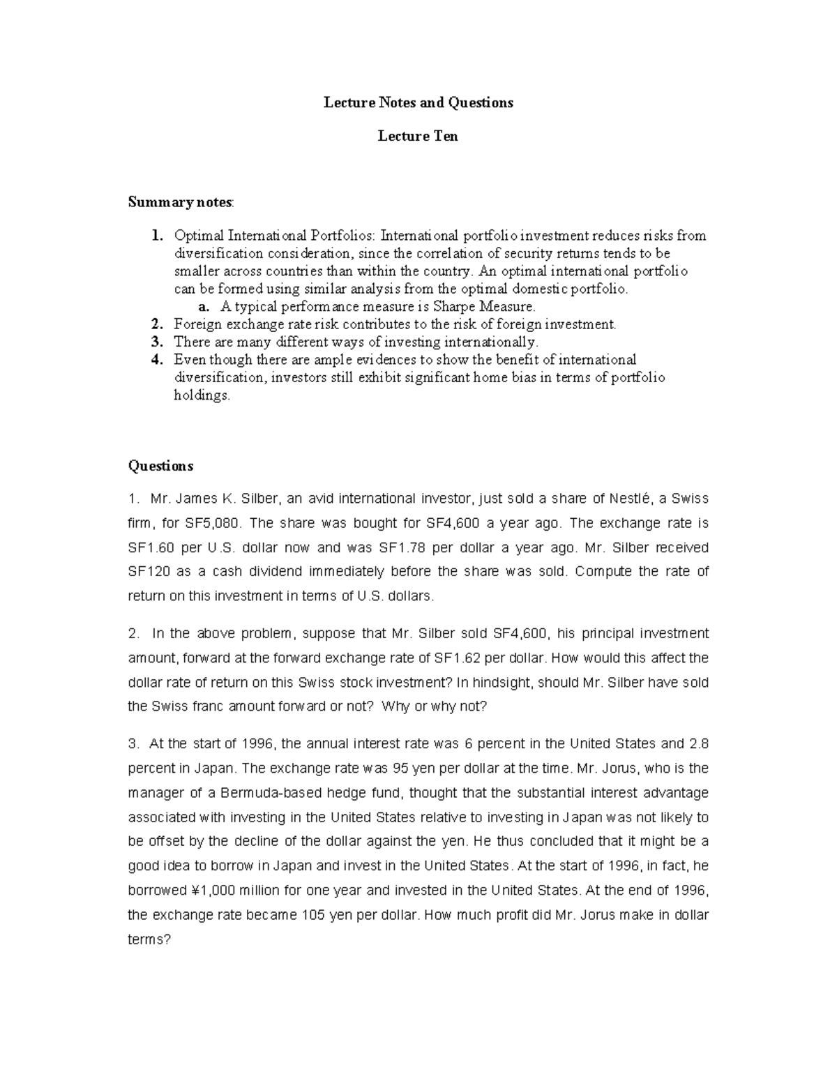 Lecture 10 - Lecture Notes and Questions Lecture Ten Summary notes: 1 ...