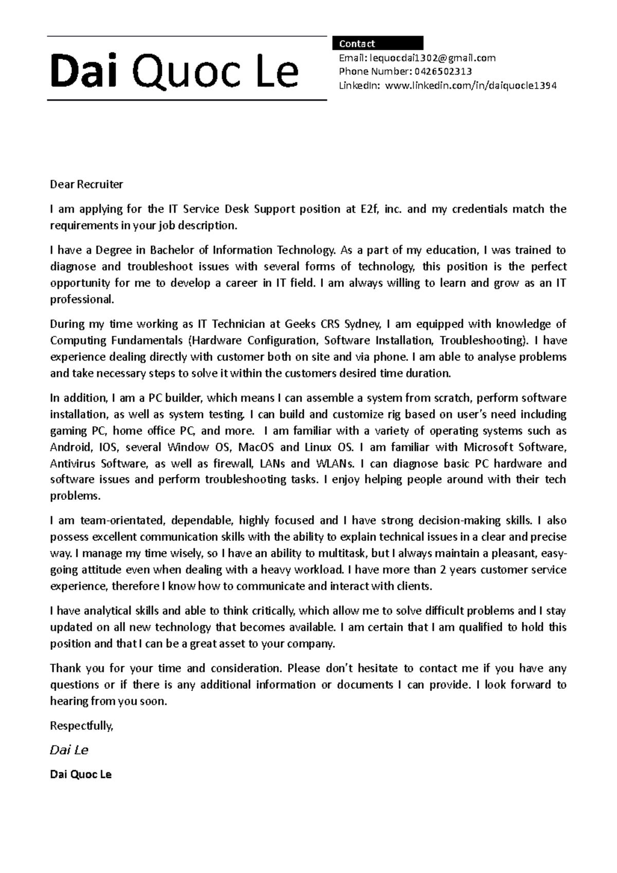 Cover-Letter - sdadsa - Dear Recruiter I am applying for the IT Service ...
