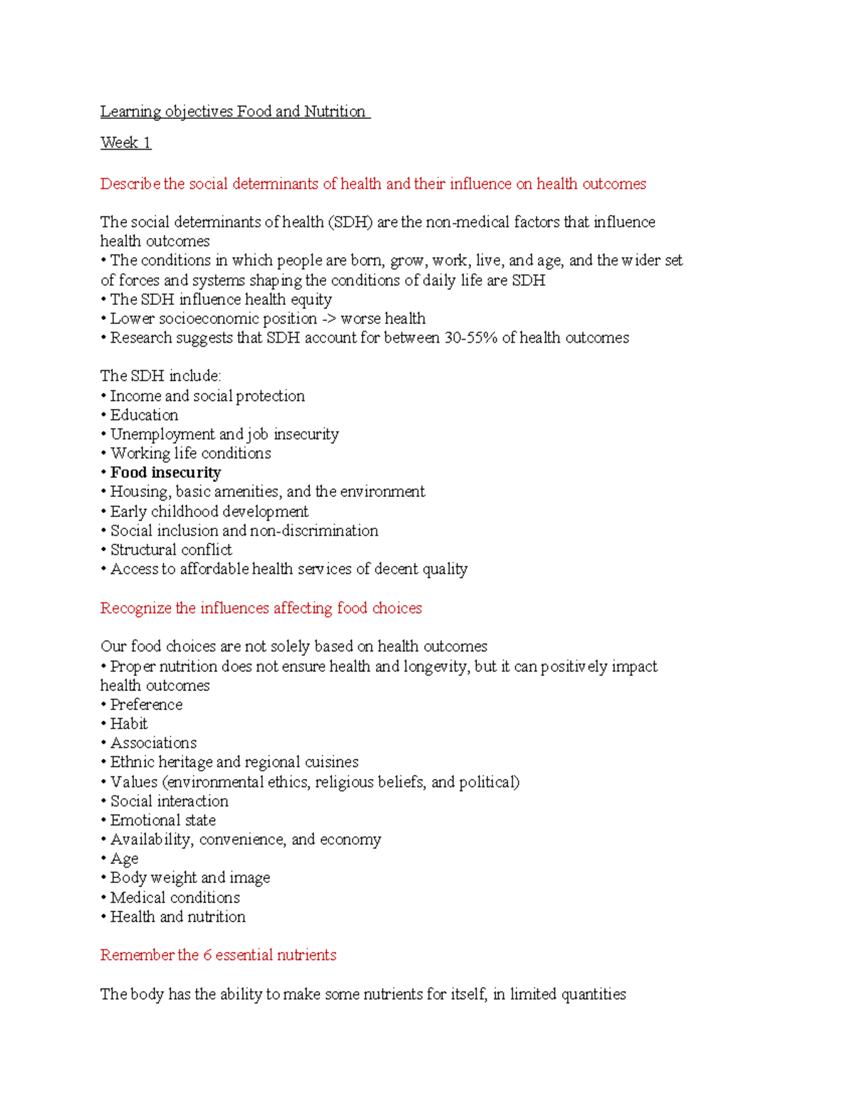 Learning objectives Food and Nutrition wk 1-2 - Learning objectives ...