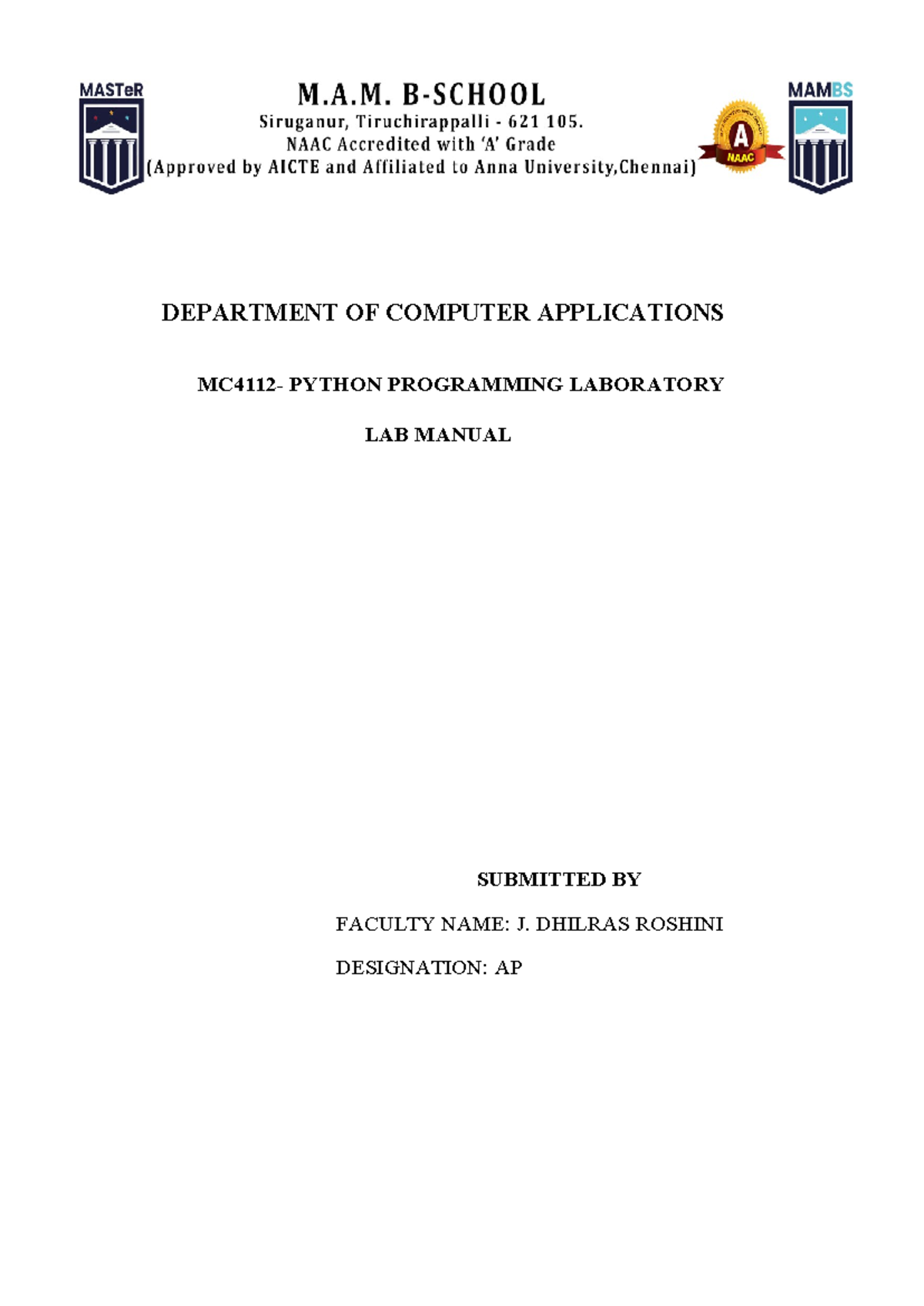 Python Program Manual - DEPARTMENT OF COMPUTER APPLICATIONS MC4112- PYTHON PROGRAMMING ...