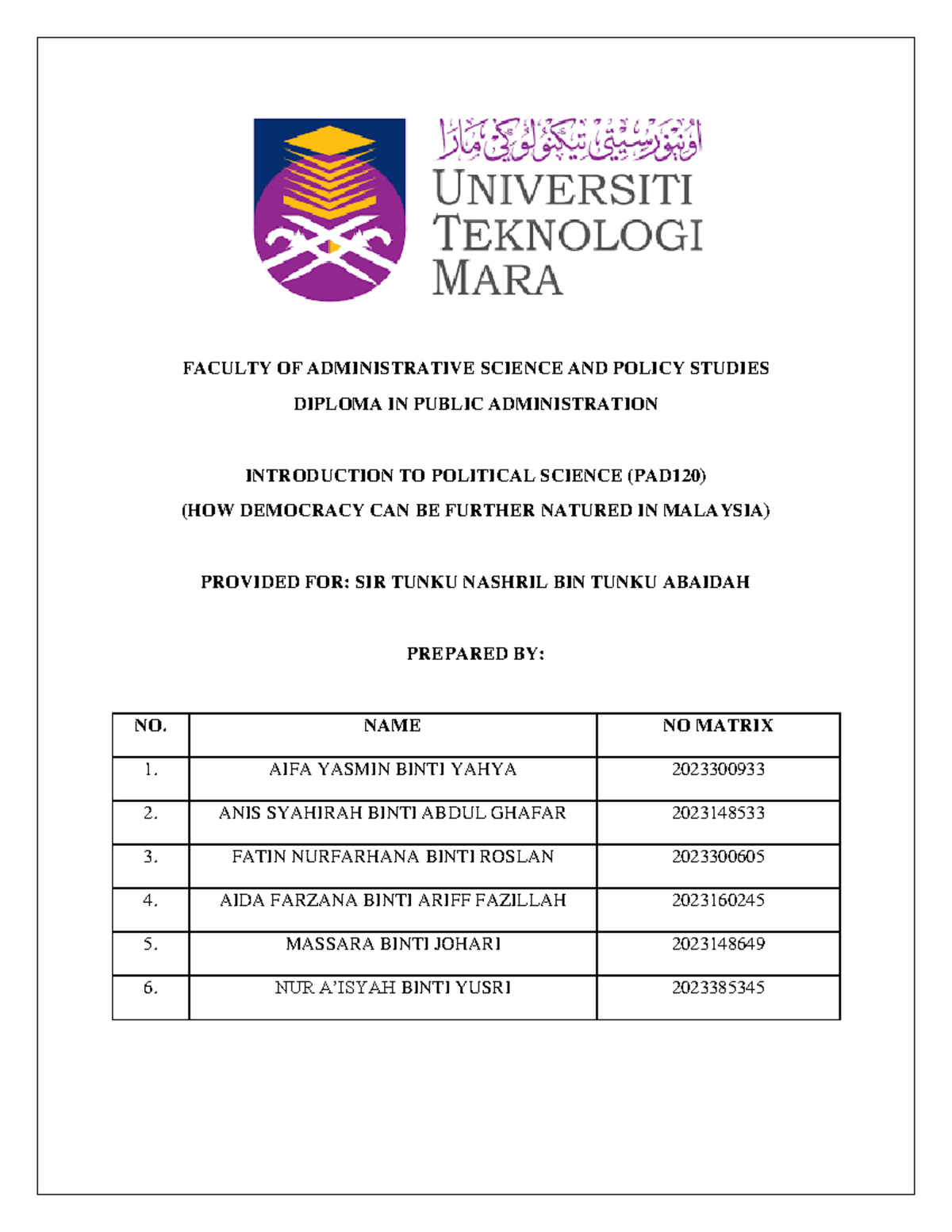 PAD120 ASSIGNMENT - FACULTY OF ADMINISTRATIVE SCIENCE AND POLICY ...
