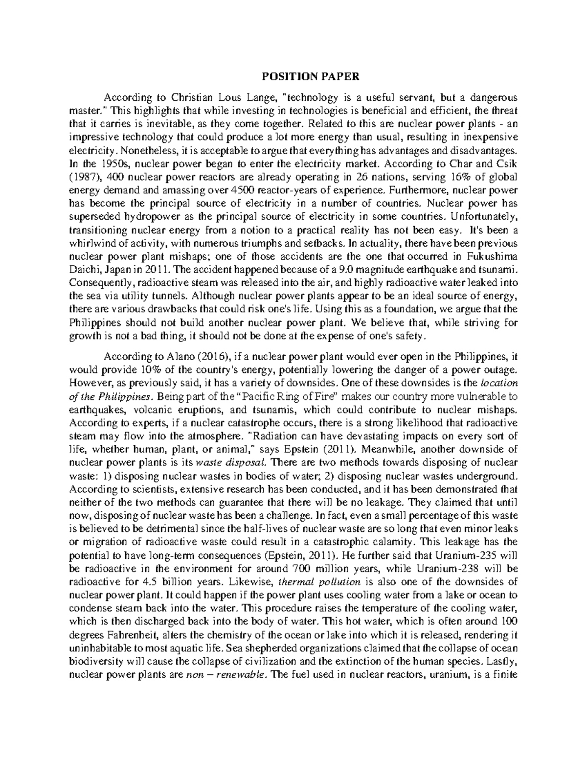 chemical position paper bsme - POSITION PAPER According to Christian ...