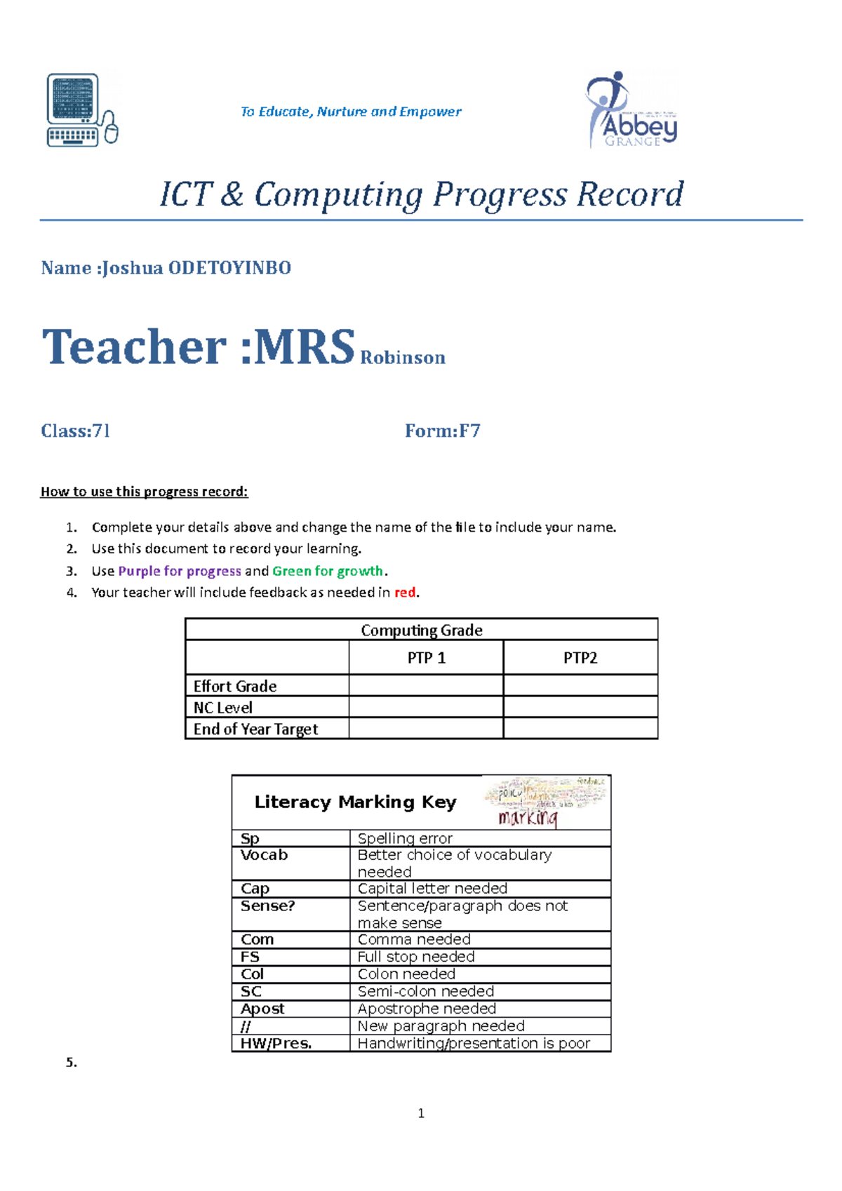 ICT Progress Record Template - ICT & Computing Progress Record Name ...