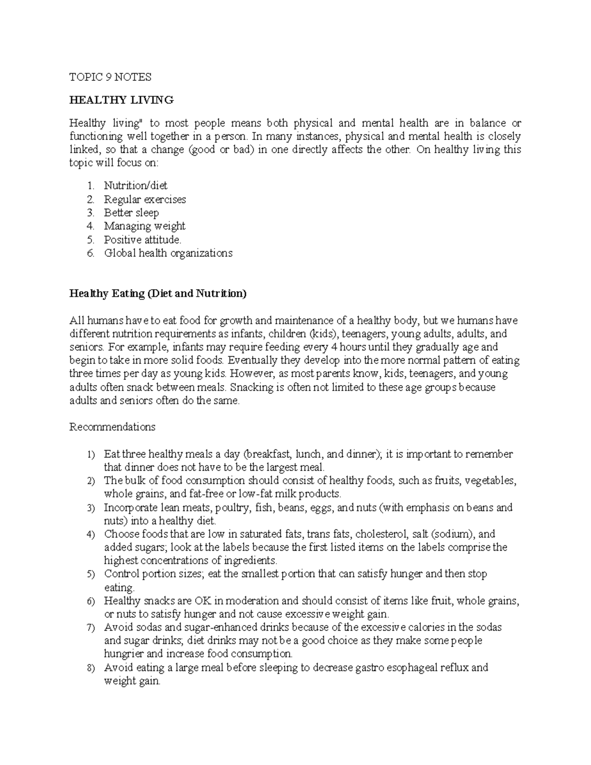 Topic 9 Notes - very helpful - TOPIC 9 NOTES HEALTHY LIVING Healthy ...