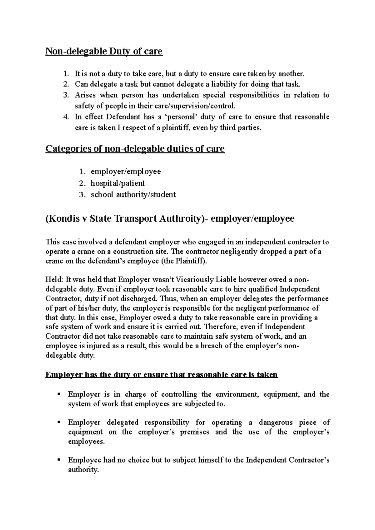 Vicarious Liabiltiy - Non-delegable Duty of care 1. It is not a duty to ...