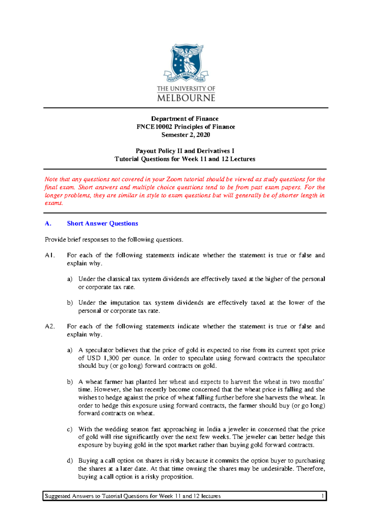 FNCE10002-Tutorial Wk12-Sem2-2020 Questions - Suggested Answers to ...