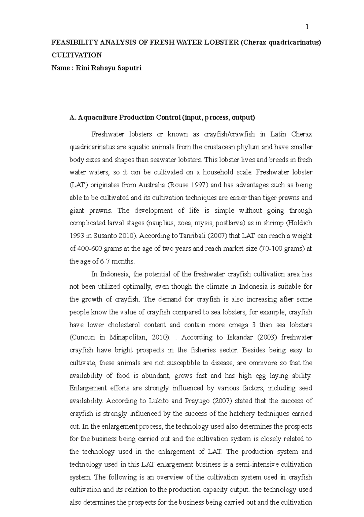 Feasibility Analysis OF Fresh Water Lobster (Cherax quadricarinatus ...