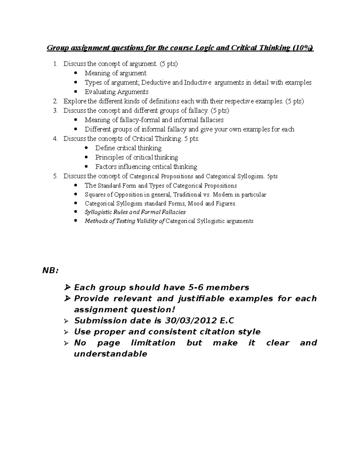 4 5958272739486729671 - Group assignment questions for the course Logic and Critical Thinking ...