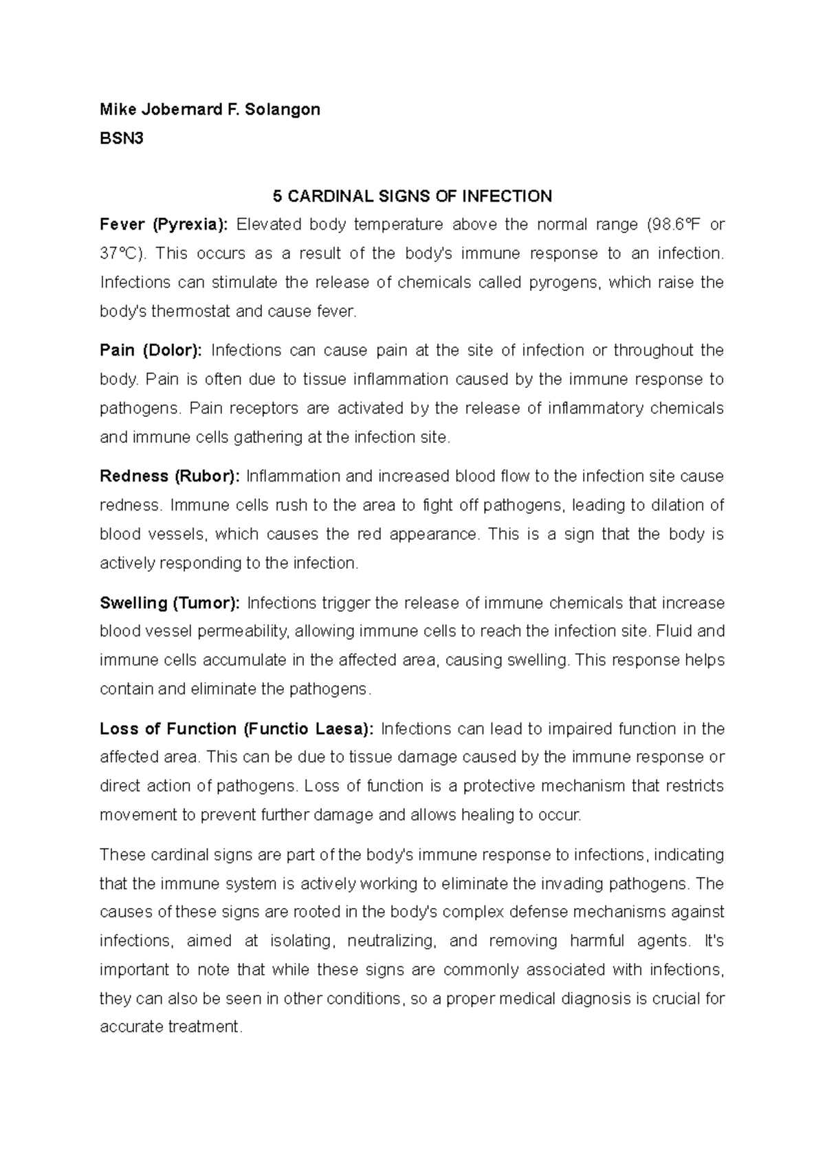 Mike's 5 cardinal signs of infection - Mike Jobernard F. Solangon BSN 5 ...