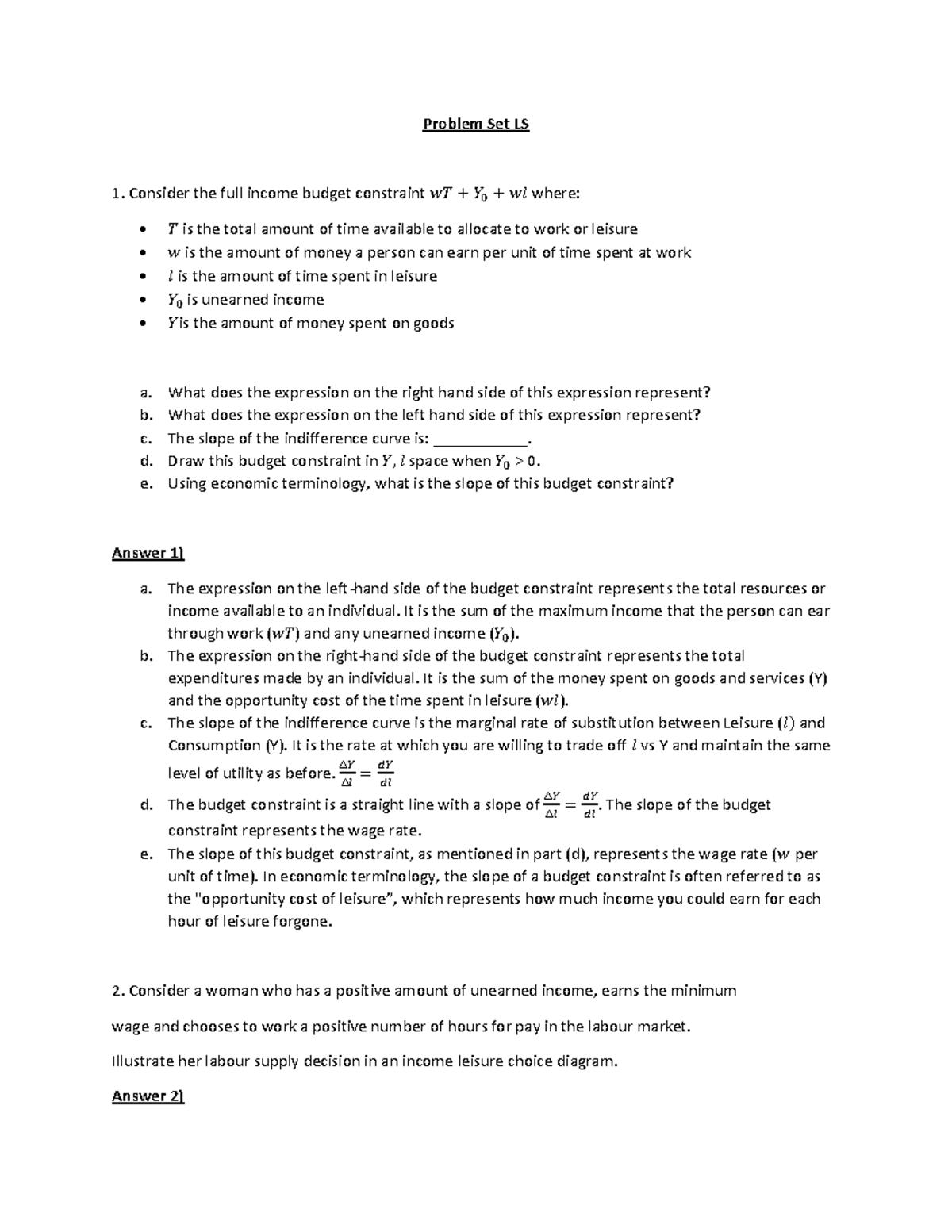 Problem Set Labour Supply Problem Set Ls Consider The Full Income 0869