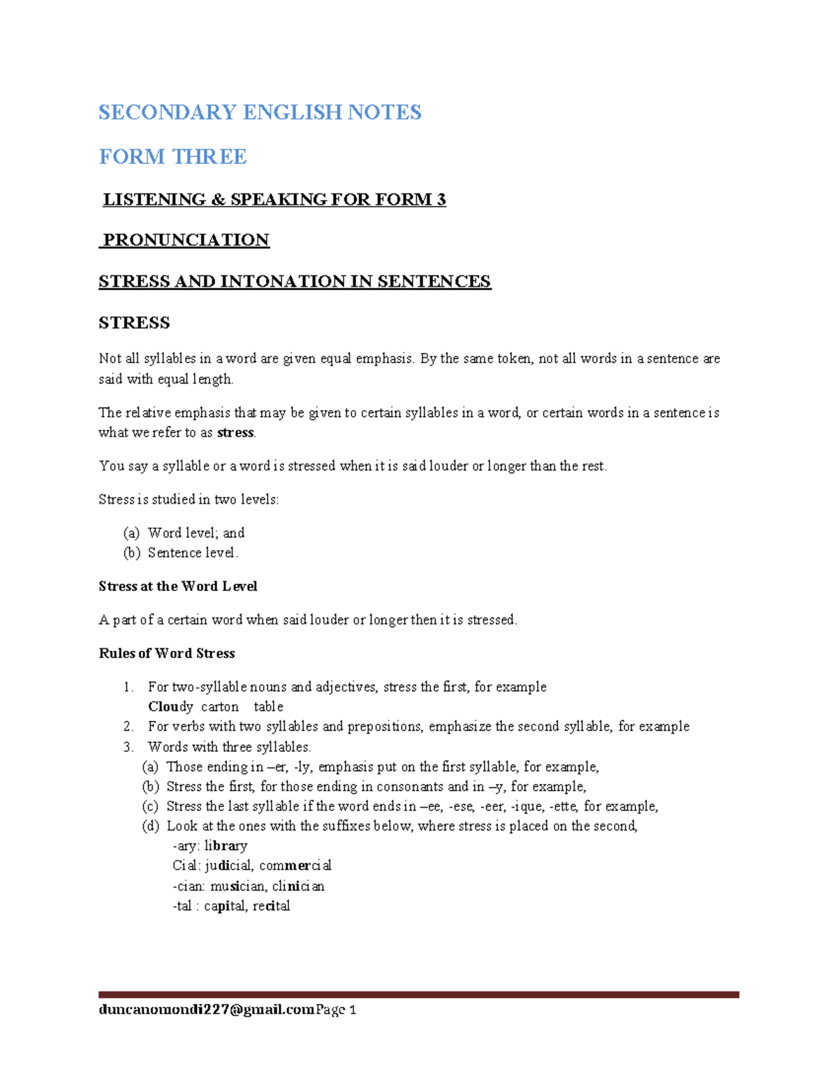 Form 3 English notes - SECONDARY ENGLISH NOTES FORM THREE LISTENING ...
