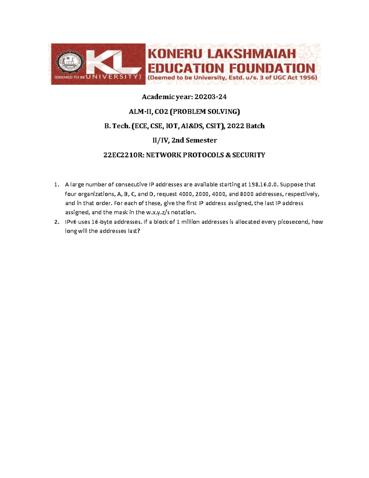 CO2 ALM2 - co2 alm2 - Academic year: 20203- ALM-II, CO2 (PROBLEM SOLVING) B. Tech. (ECE, CSE ...