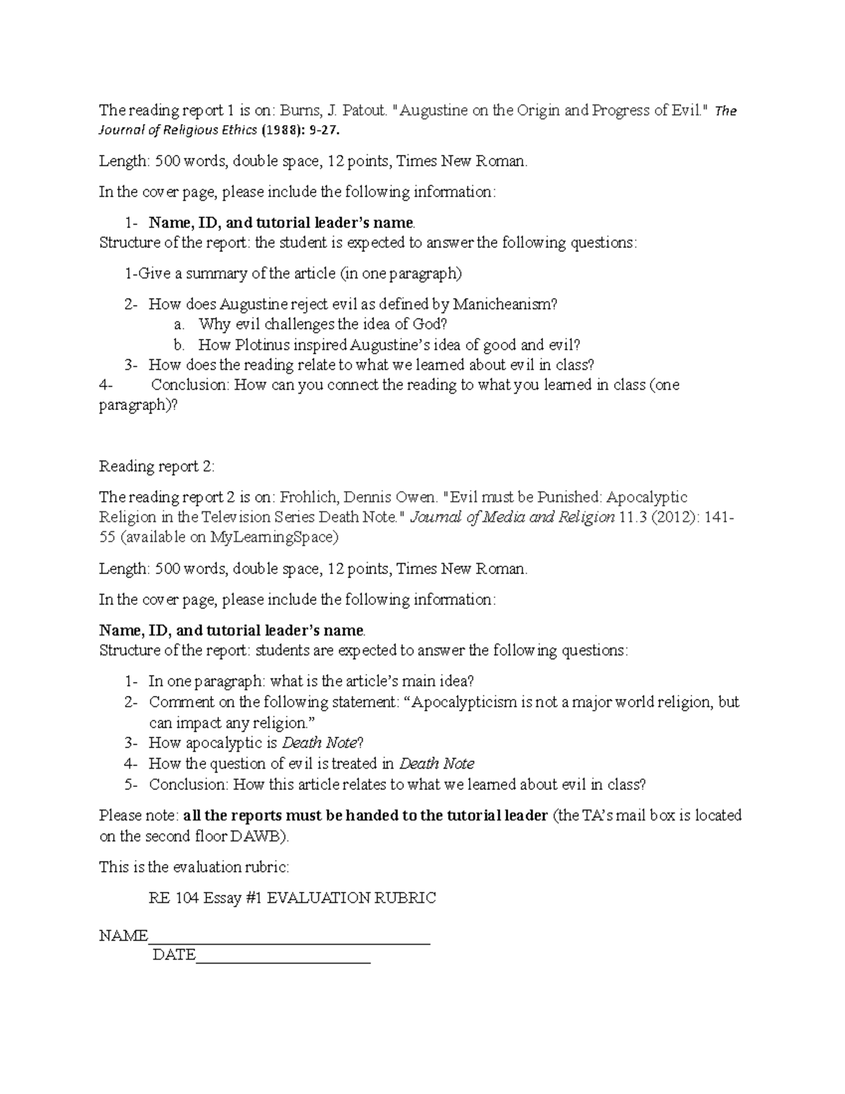 Reading Reports Instructions - The reading report 1 is on: Burns, J ...