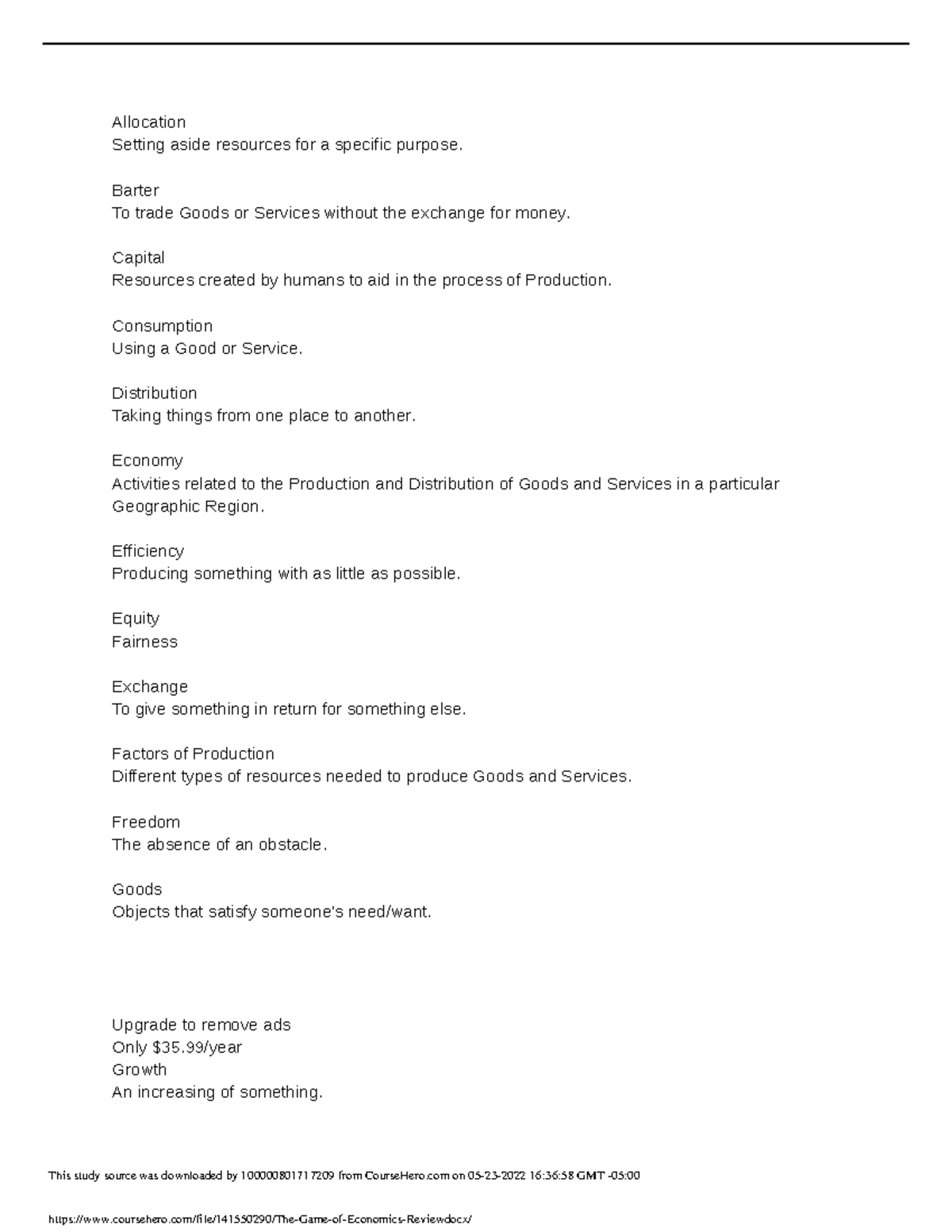 The Game of Economics Review - Allocation Setting aside resources for a ...