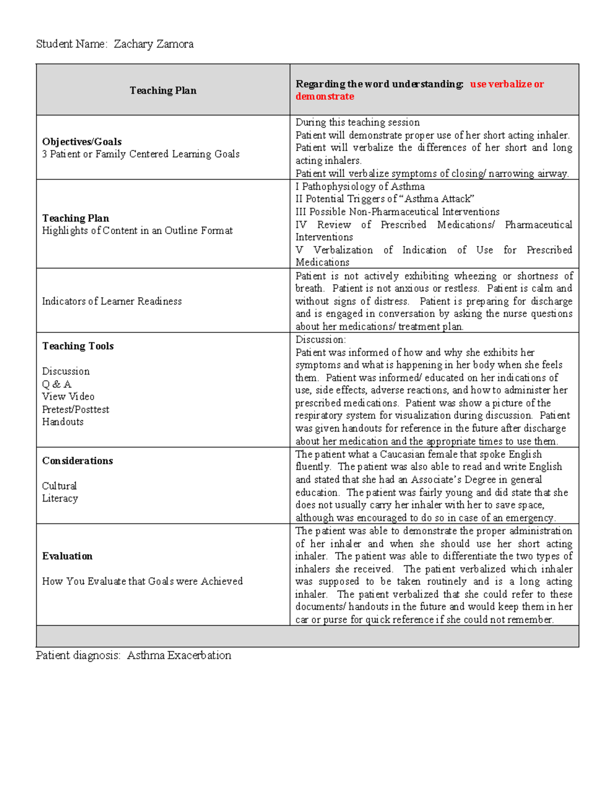 Clinical Teaching Plan - Student Name: Zachary Zamora Teaching Plan ...