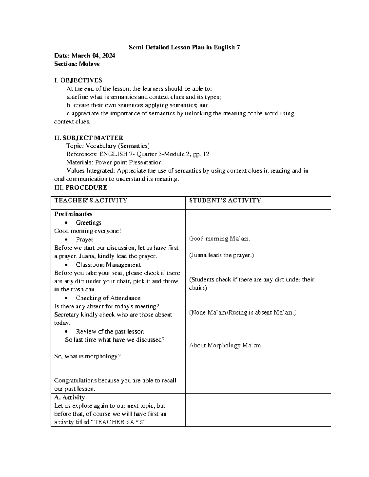 Lesson plan detailed - Semi-Detailed Lesson Plan in English 7 Date ...