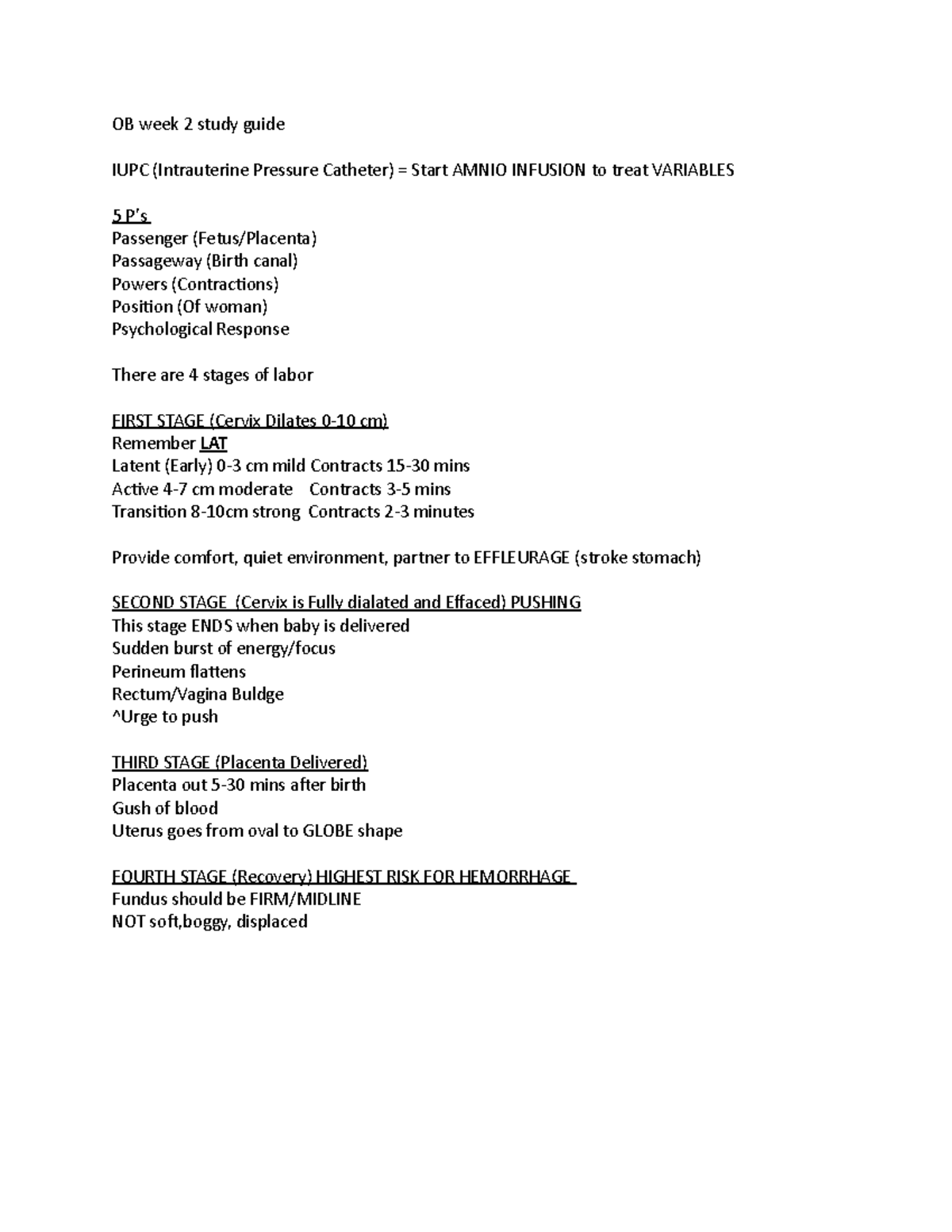 OB week 2 Study Guide - Notes - OB week 2 study guide IUPC ...